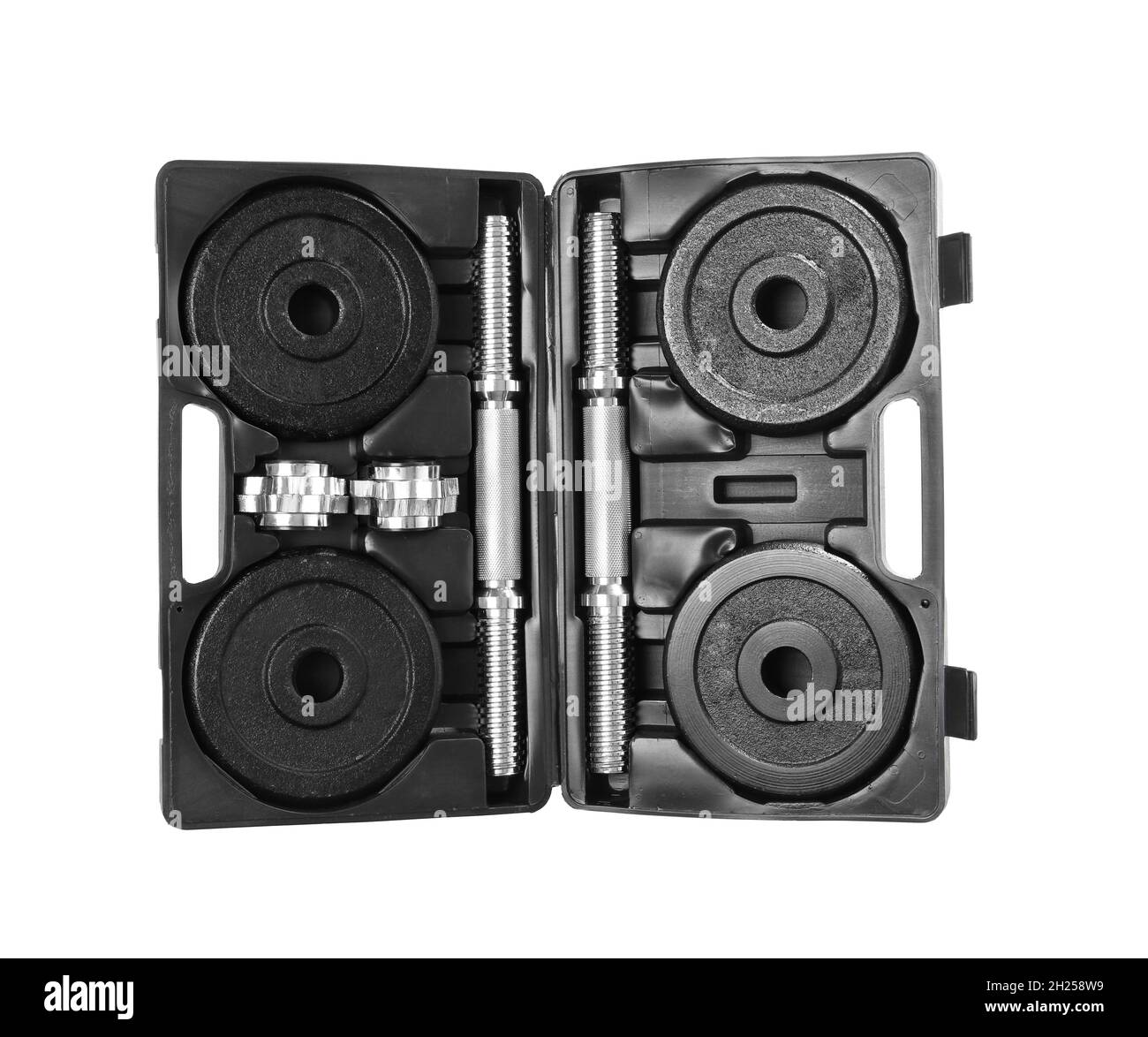 Professional dumbbell set in case on white background, top view Stock ...