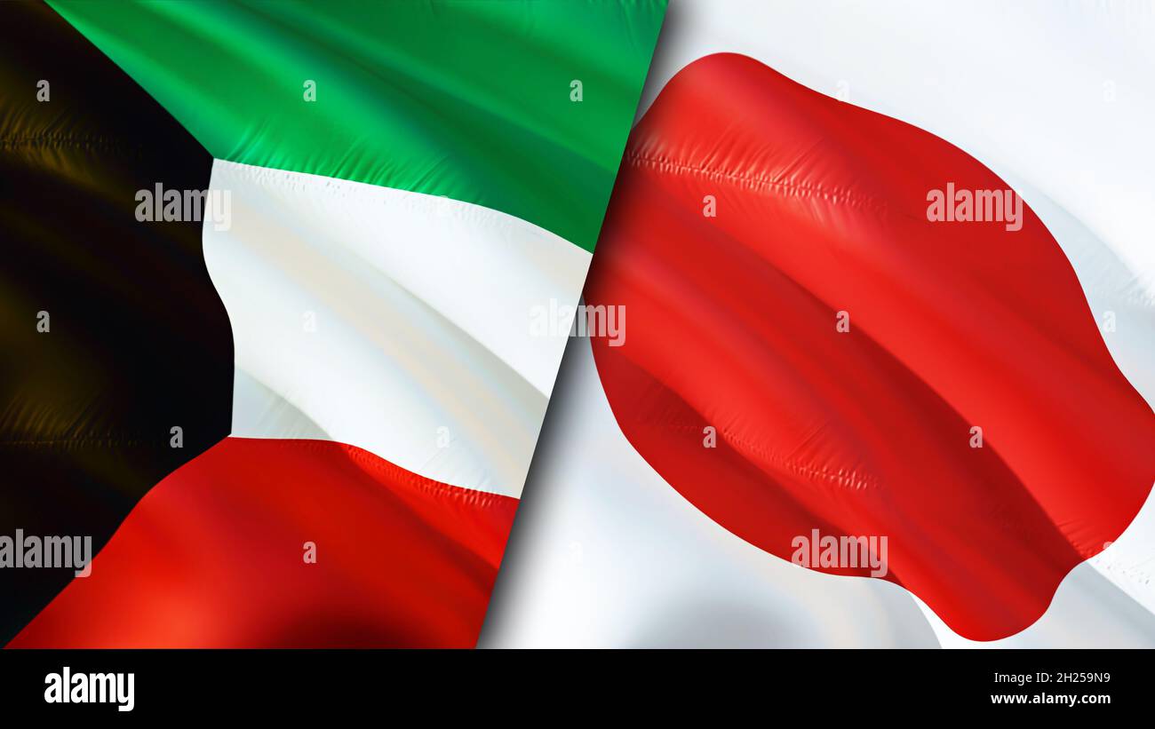 Kuwait and Japan flags. 3D Waving flag design. Japan Kuwait flag ...
