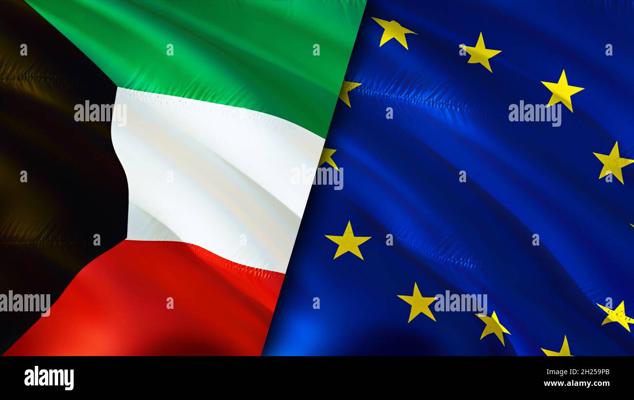 Kuwait and European Union flags. 3D Waving flag design. European Union ...