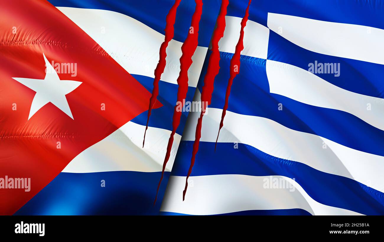 Cuba and Greek flags with scar concept. Waving flag 3D rendering. Cuba ...