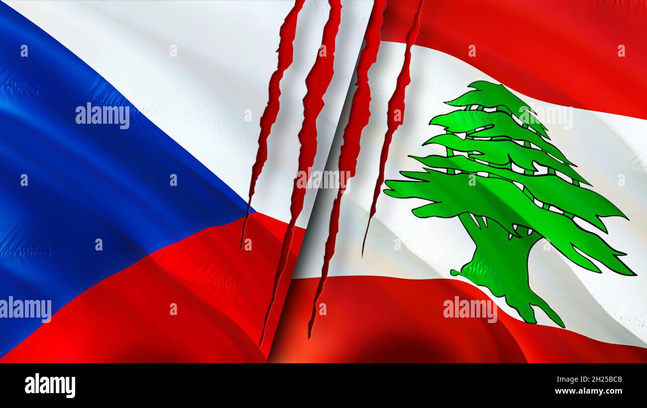 Czechia and Lebanon flags with scar concept. Waving flag,3D rendering ...
