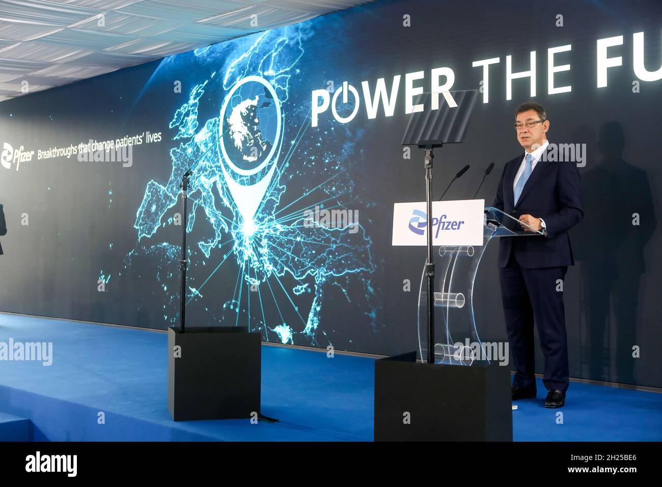 Thessaloniki, Greece,12 October 2021: Pfizer CEO Albert Bourla during ...