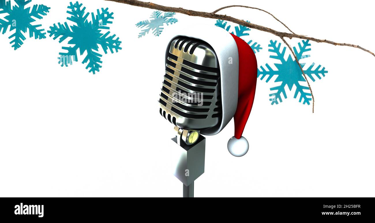 Image of santa hat on vintage microphone and snow falling on white ...