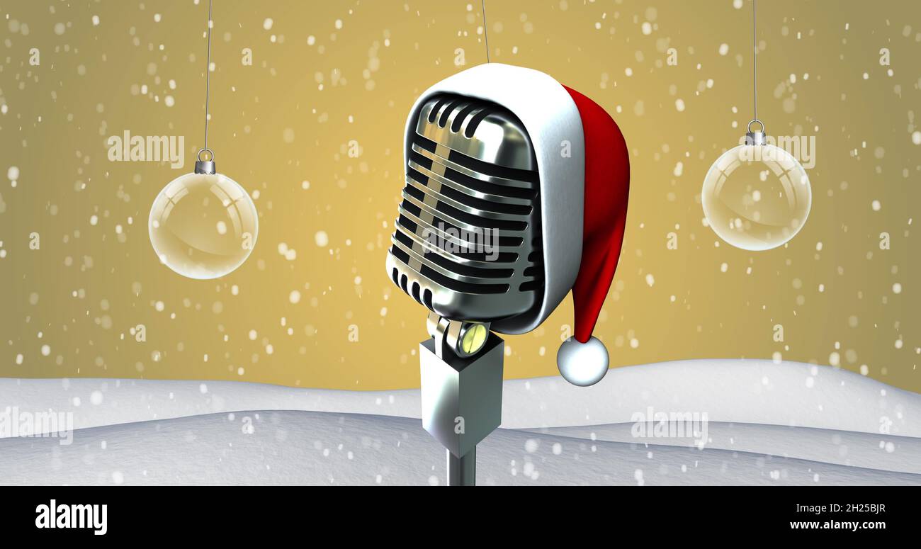 Image of retro microphone with santa hat over winter scenery on yellow ...