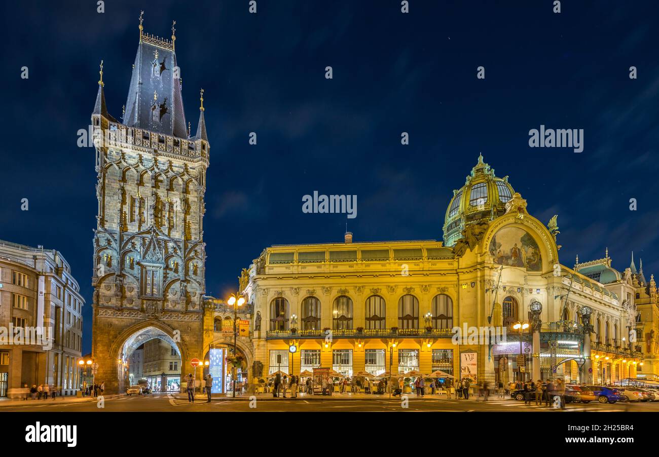 Night View Of The Powder Tower Or Powder Gate Stock Photo - Alamy