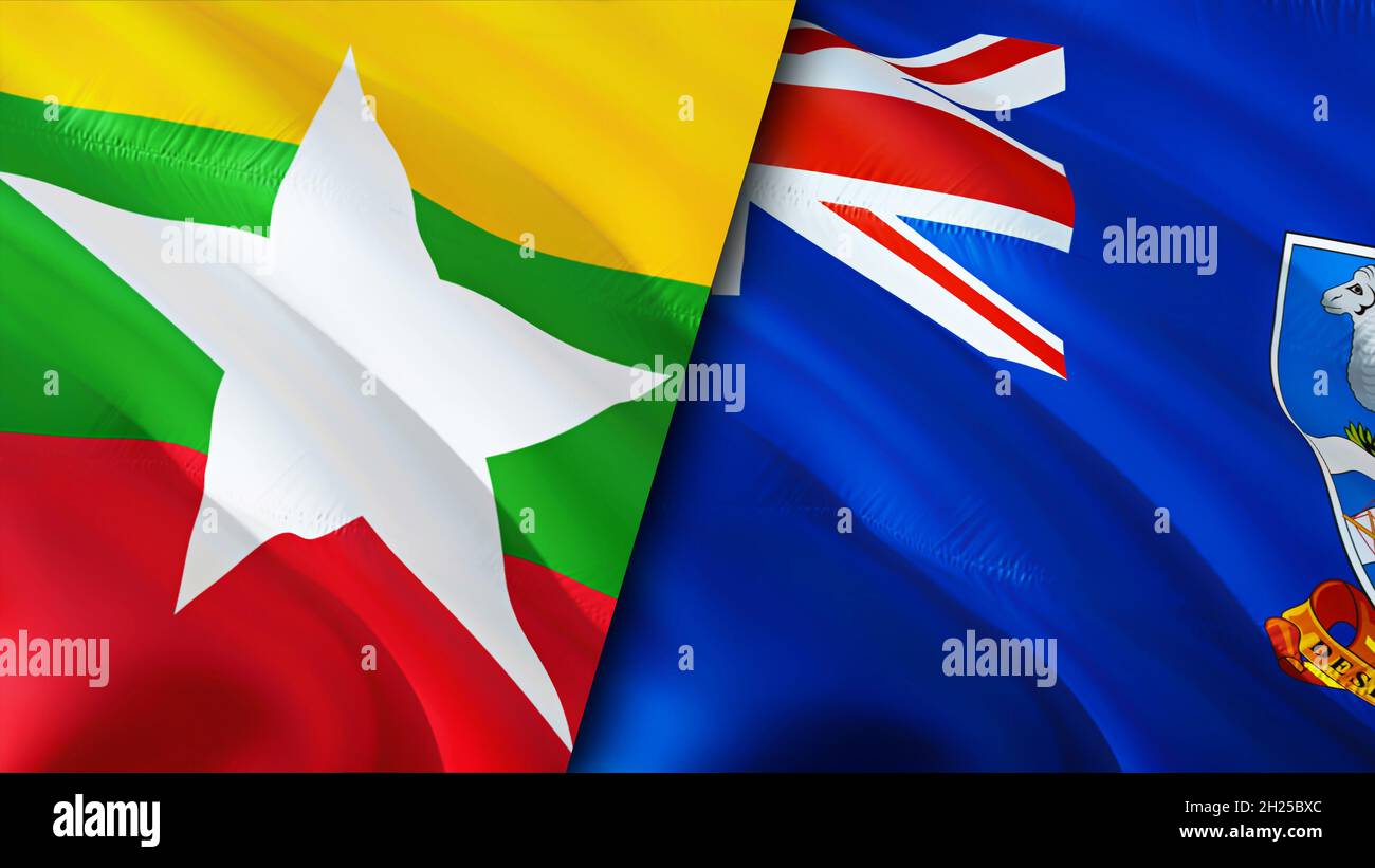 Myanmar and Falkland Islands flags. 3D Waving flag design. Falkland ...