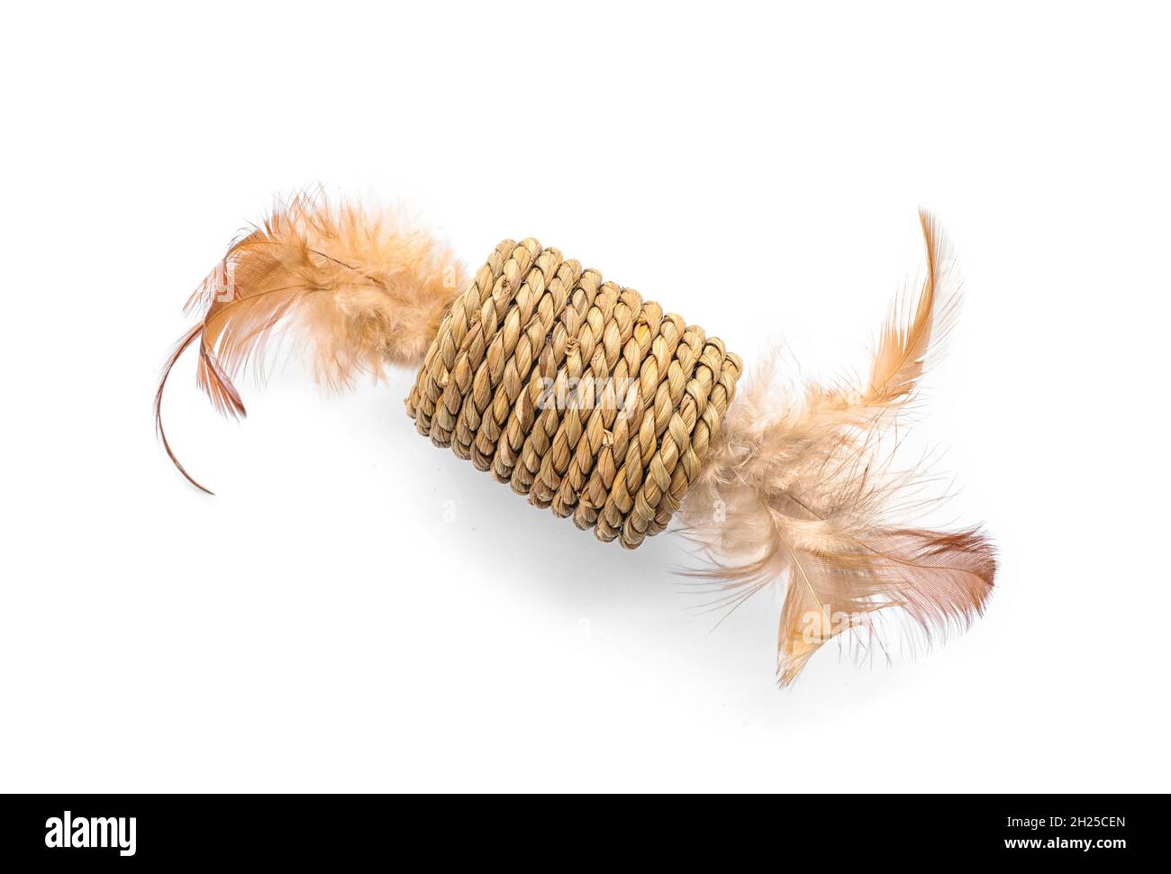Straw toy with feathers for cat on white background. Pet accessory ...