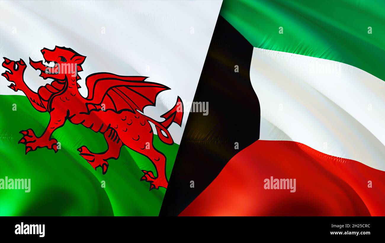 Wales and Kuwait flags. 3D Waving flag design. Kuwait Wales flag ...