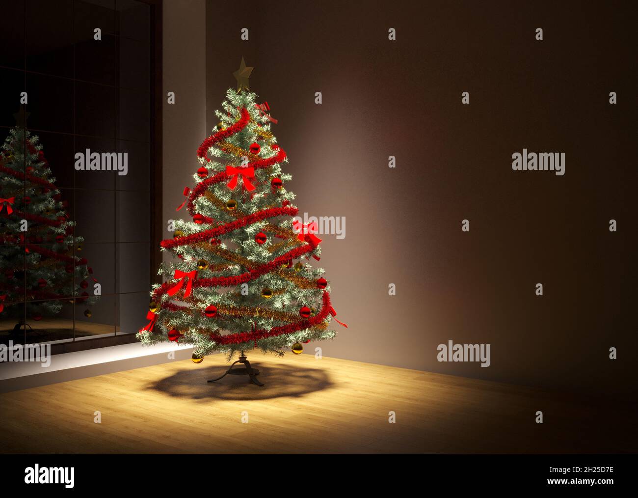 christmas tree with colorful balls. gray wall background with a lot of ...