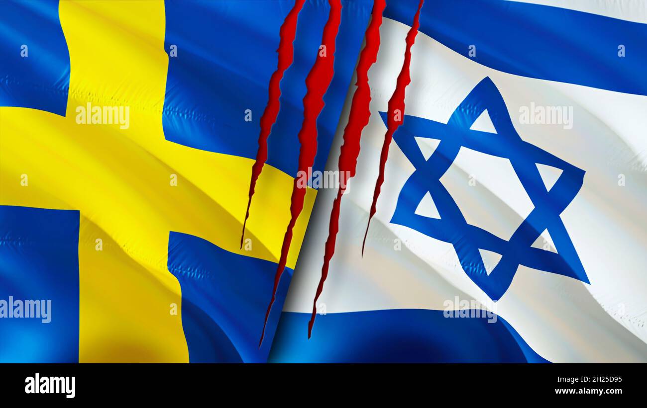 Sweden and Israel flags with scar concept. Waving flag,3D rendering ...