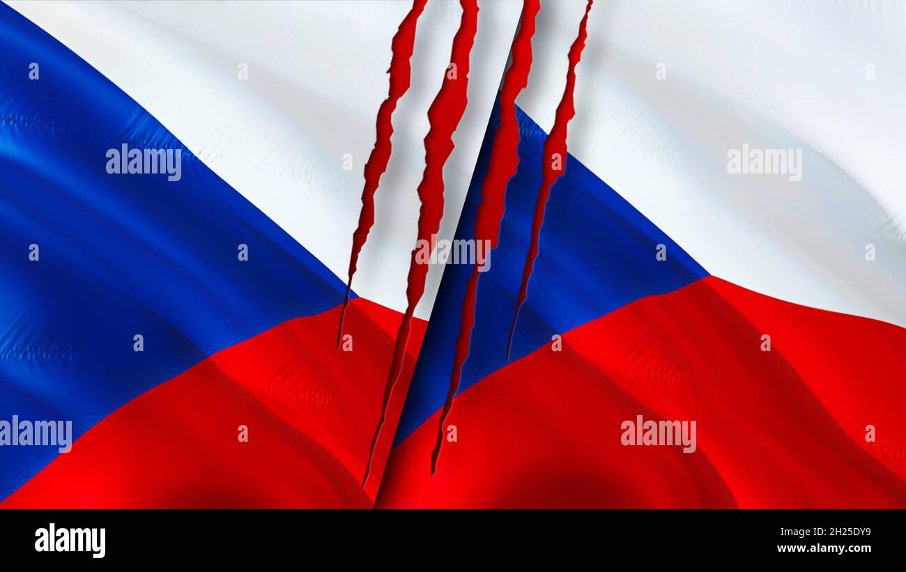 Czechia and Czech flags with scar concept. Waving flag,3D rendering ...