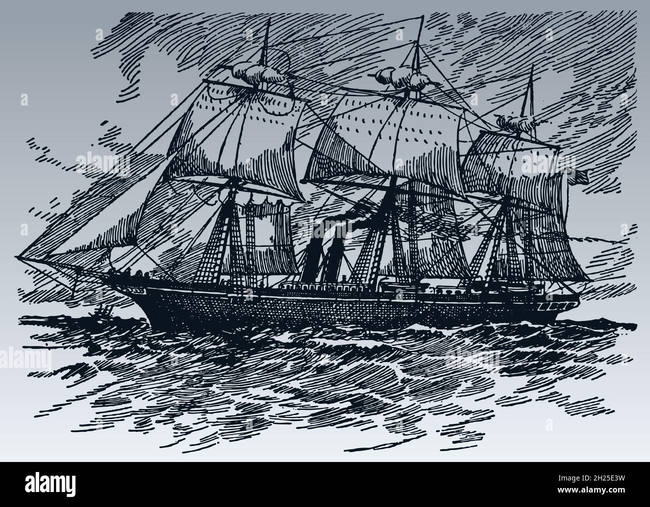 Screw propeller steamship under full sails on sea, after antique ...
