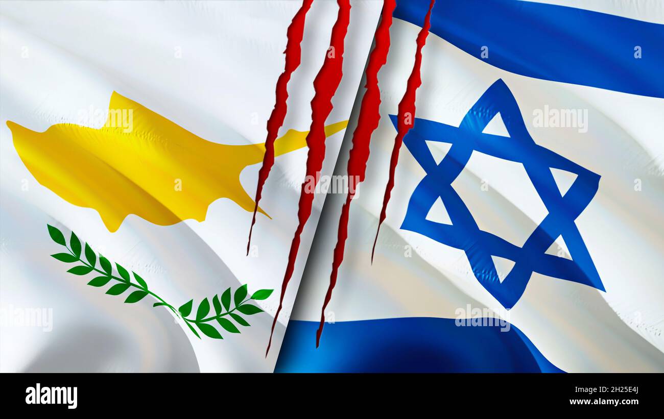 Cyprus and Israel flags with scar concept. Waving flag,3D rendering ...