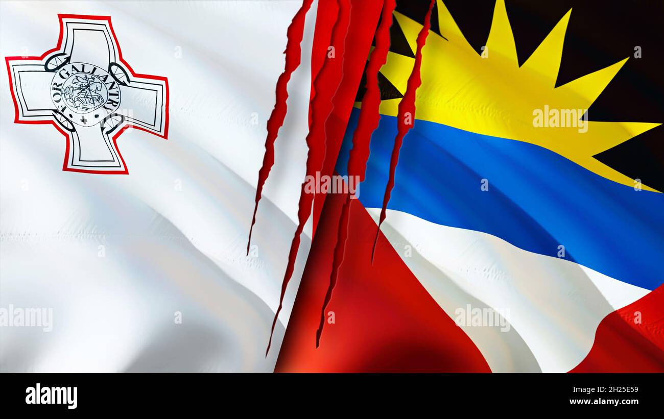 Malta and Antigua and Barbuda flags with scar concept. Waving flag,3D ...