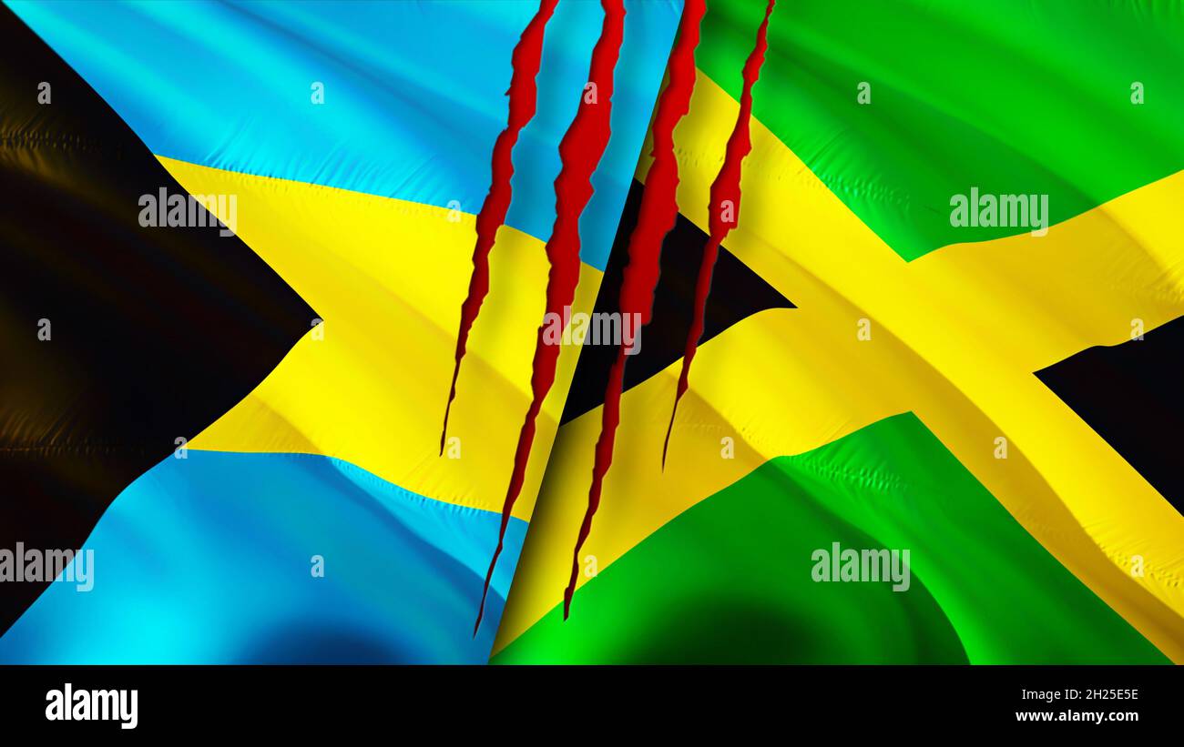 Bahamas and Jamaica flags with scar concept. Waving flag,3D rendering ...