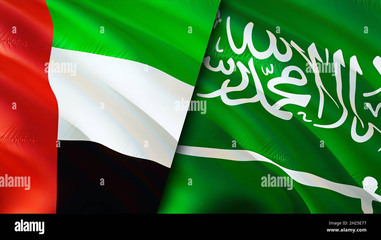 Emirates and Saudi Arabia flags. 3D Waving flag design. Saudi Arabia ...