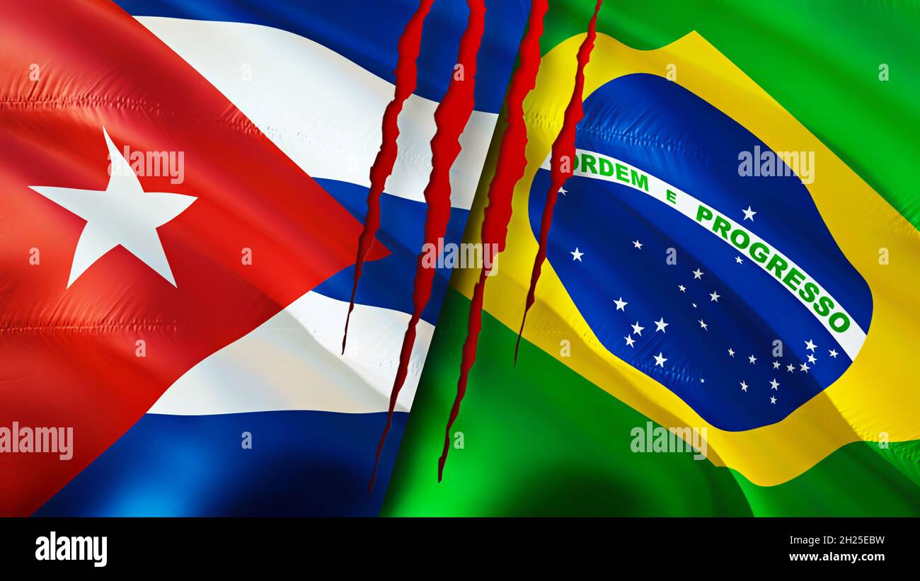 Cuba and Brazil flags with scar concept. Waving flag 3D rendering. Cuba ...