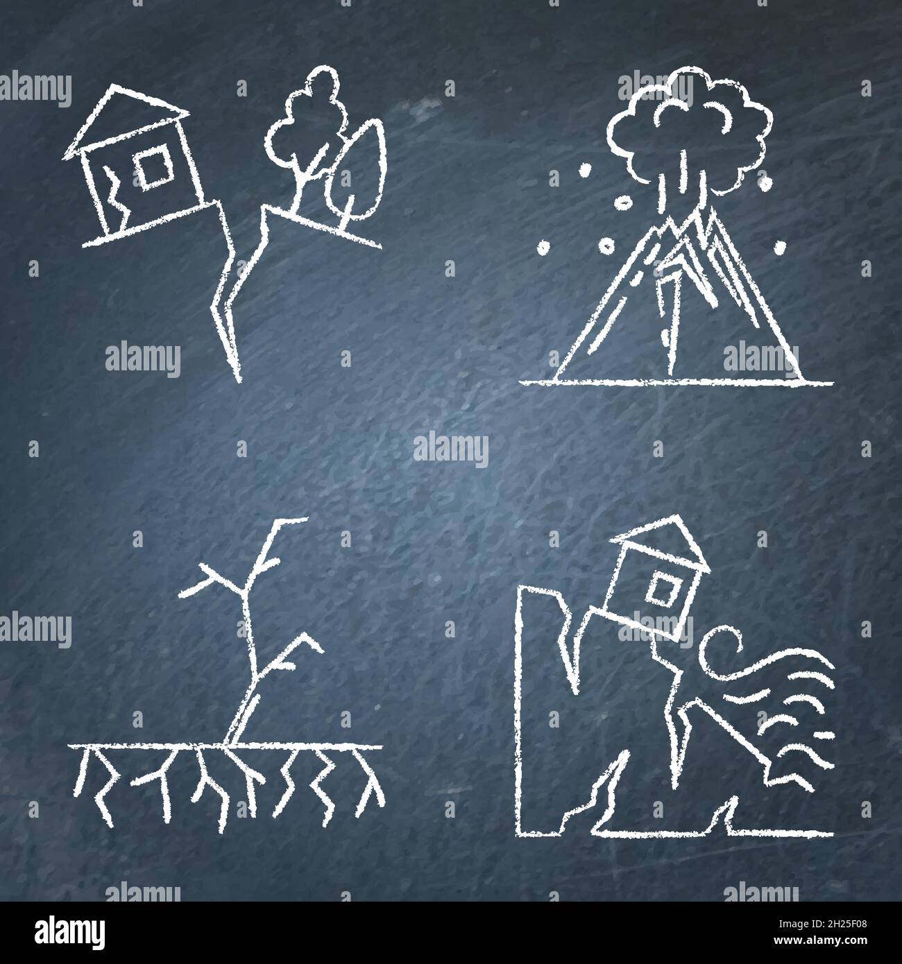 Chalkboard ecology and climate change icon set. Volcano eruption ...