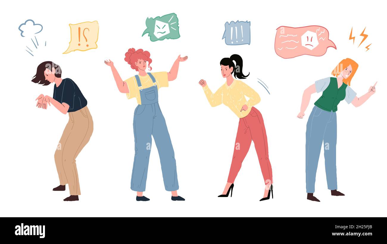 Flat cartoon women characters set in aggressive mood, vector ...