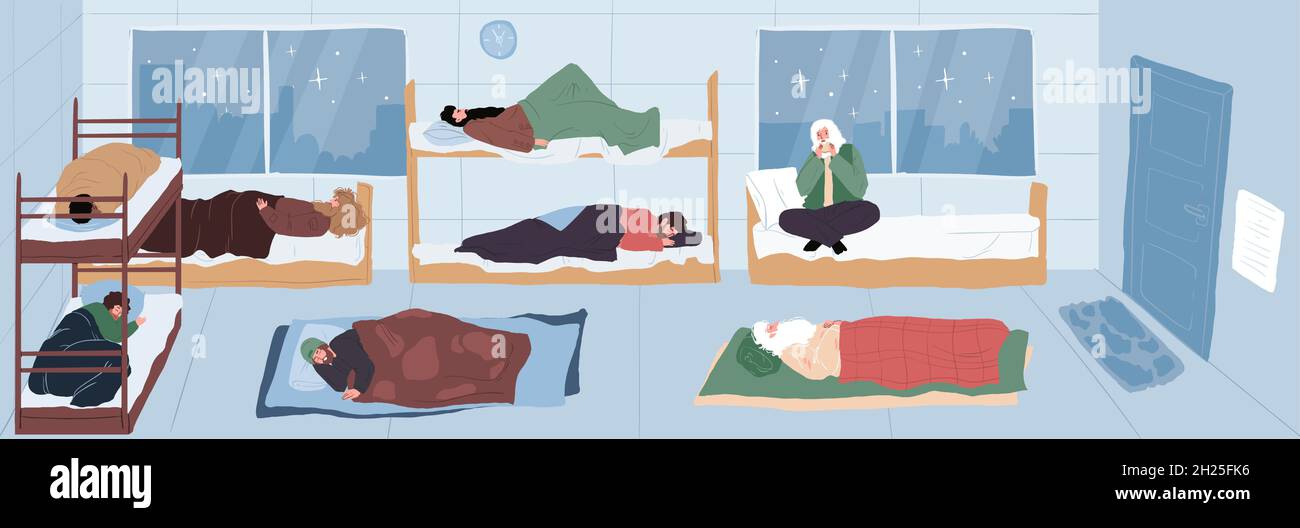 Flat cartoon sad homeless characters in night shelter,global social ...