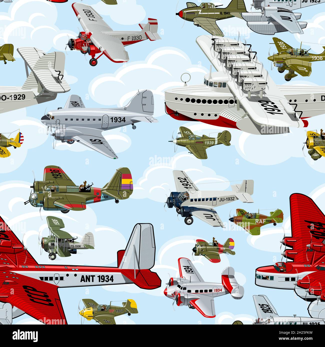 Cartoon retro airplanes 1930s seamless pattern on clouds background ...