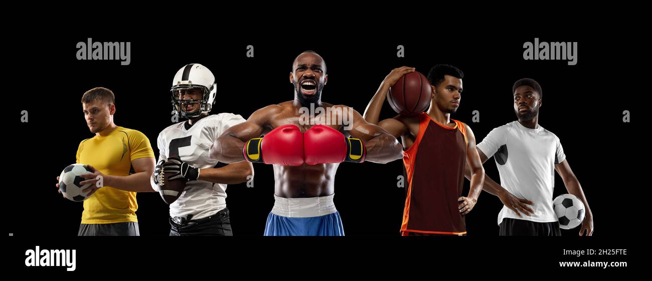 Basketball, soccer and american football, boxing players posing ...