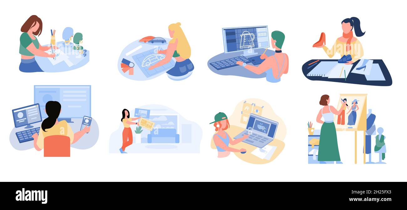 Freelancer creative designer girl working isolated set Stock Vector ...