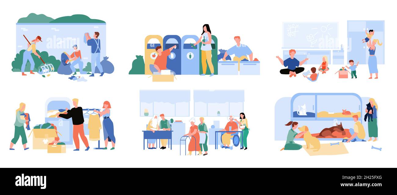 Young volunteer helping needy people flat vector set Stock Vector Image ...