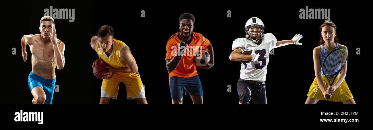 Collage made of tennis, soccer, basketball, american football players ...
