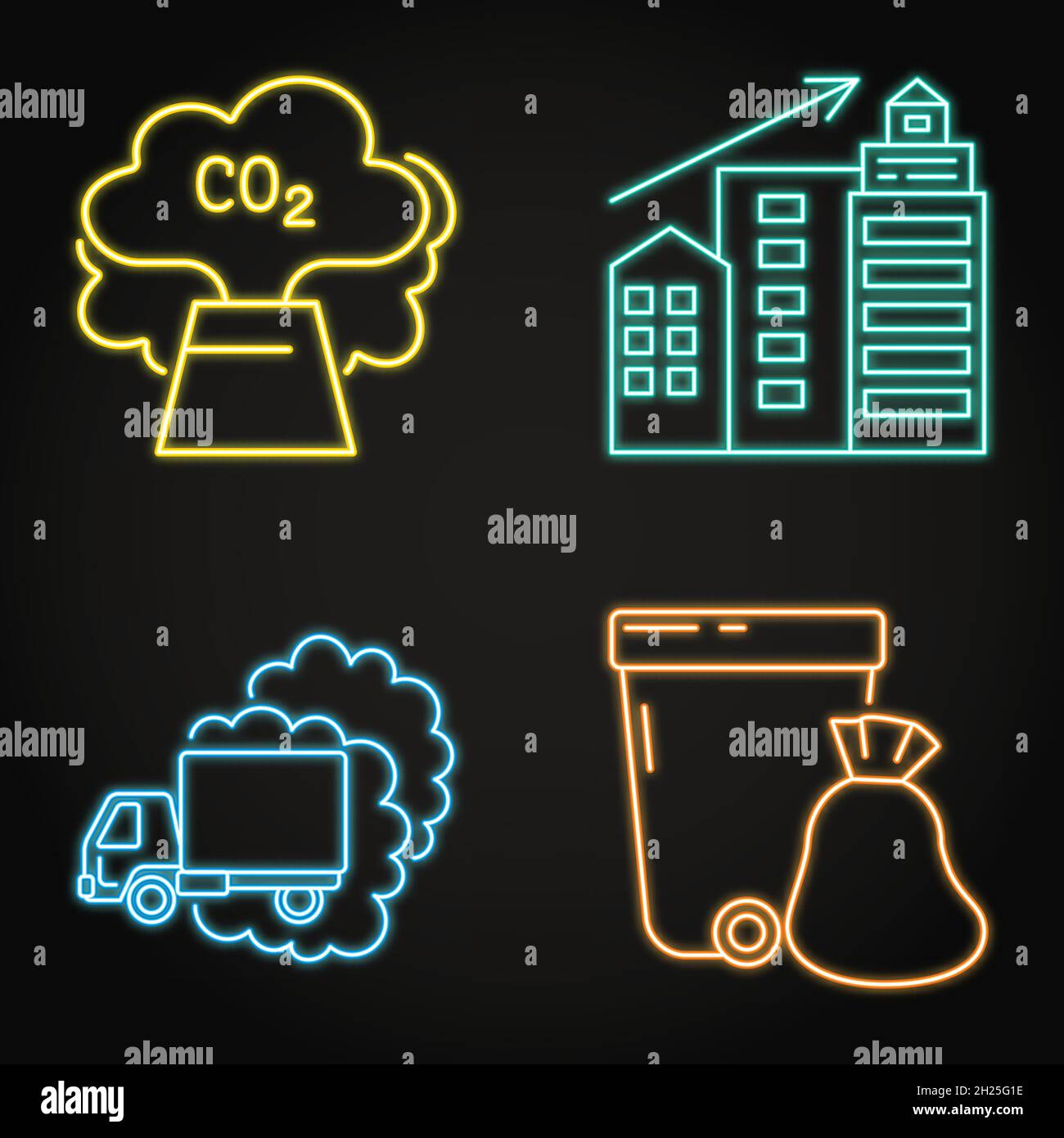 Neon icon set - causes of climate change. Carbon emissions, air ...
