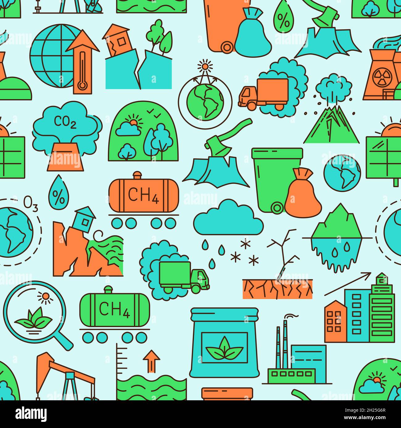 Ecology and environment seamless pattern in line style. Climate change ...