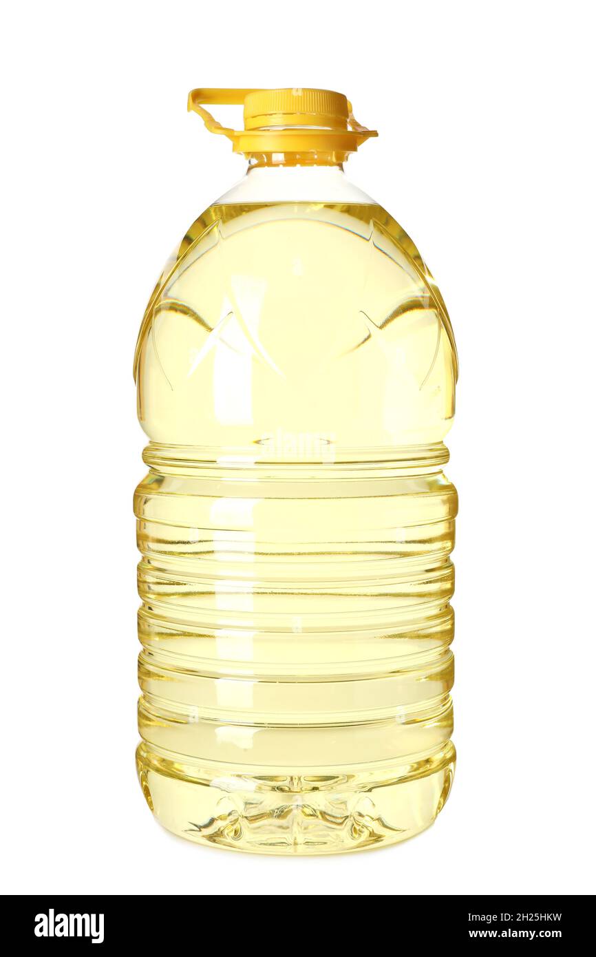 Plastic bottle of oil on white background Stock Photo - Alamy
