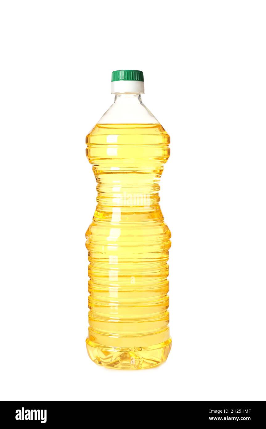 Plastic bottle of oil on white background Stock Photo - Alamy