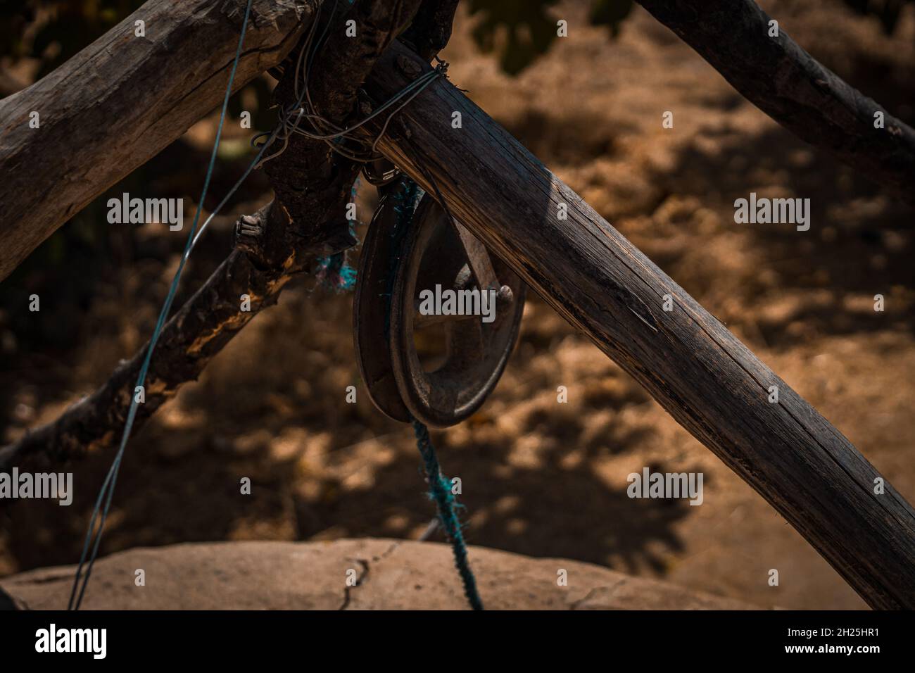 A traditional wood water well in a village in a Moroccan mountainous ...