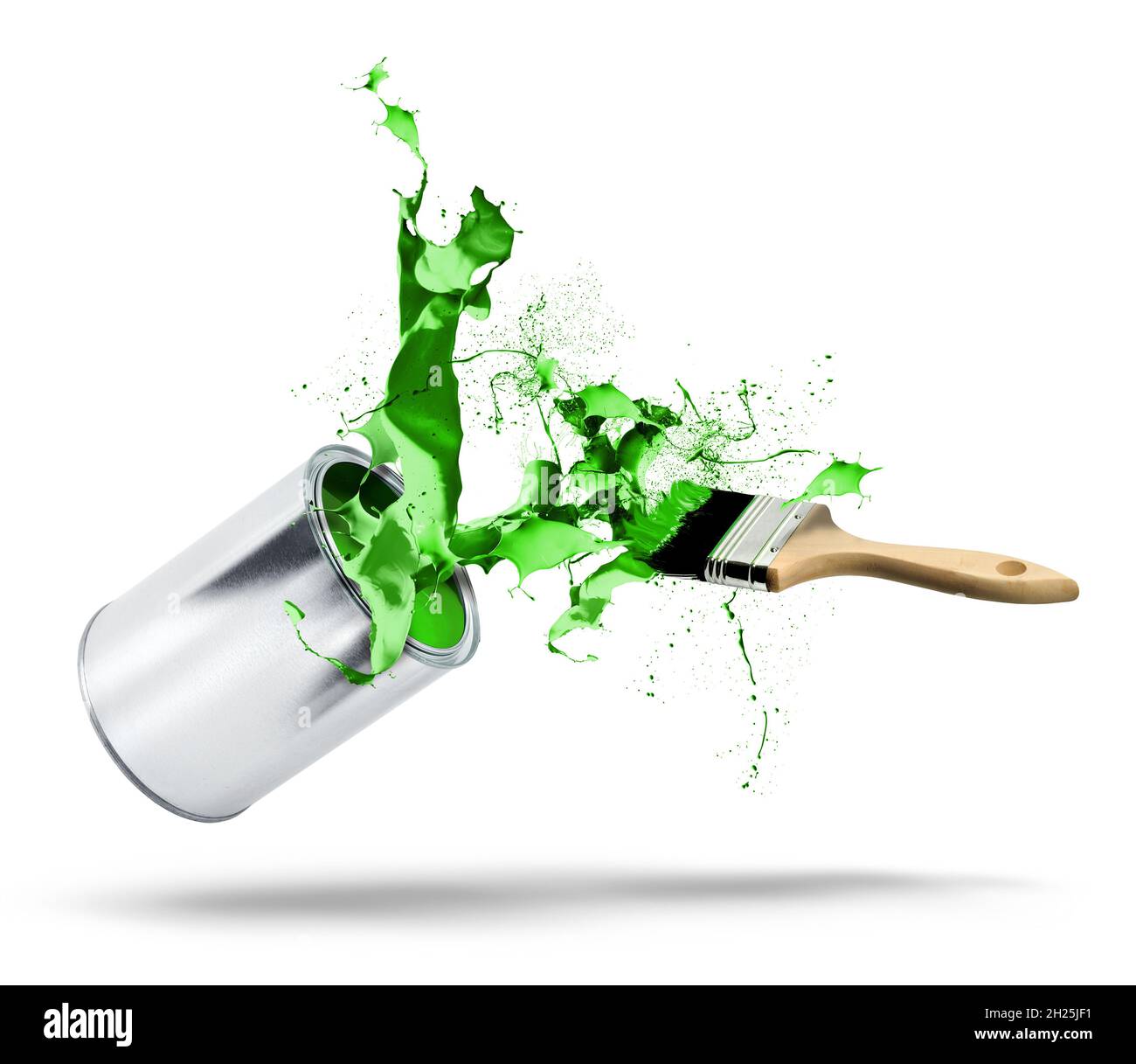 Paint can and brush fall bursting green color splash, environmental ...