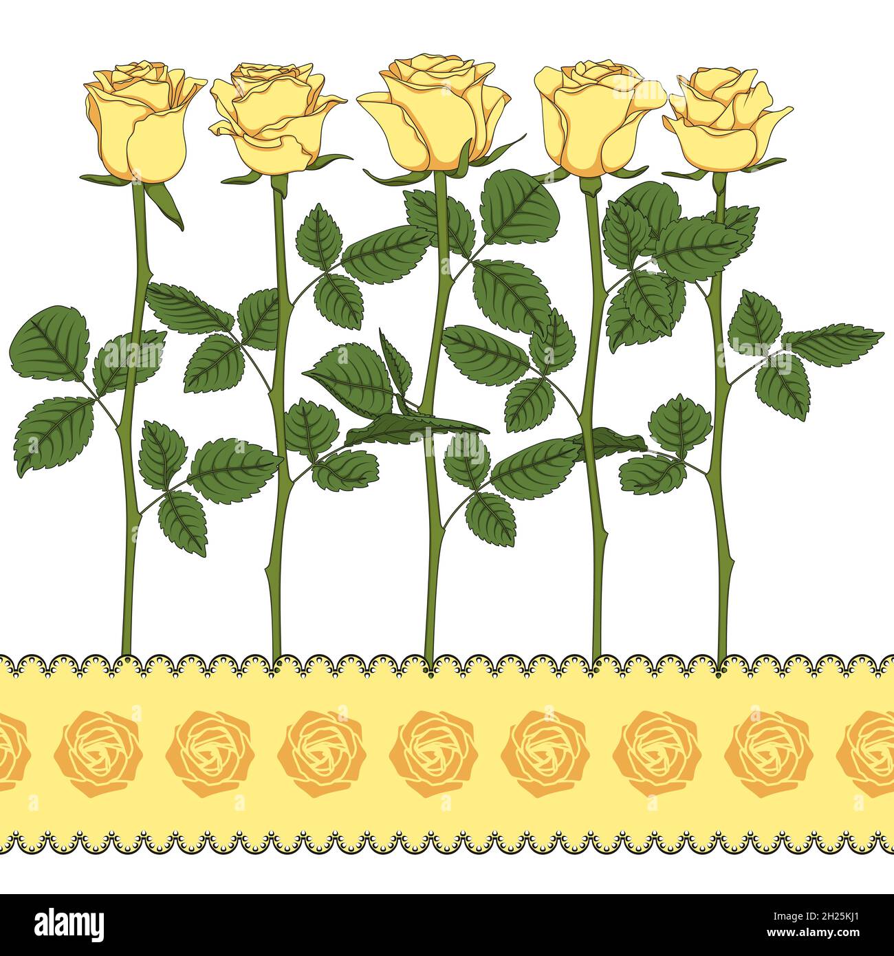 Set of color illustrations with yellow roses. Isolated vector objects ...