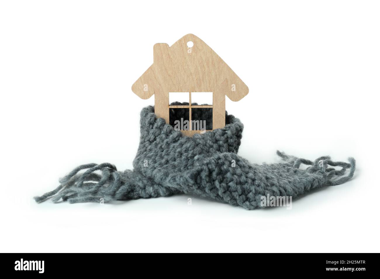 Wooden house with knitted scarf isolated on white background Stock ...