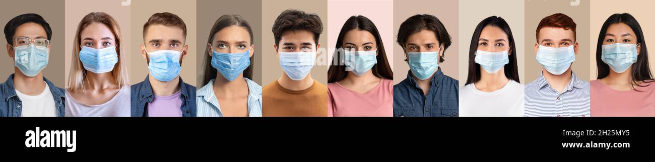Coronavirus prevention concept. Collage of diverse people portraits ...