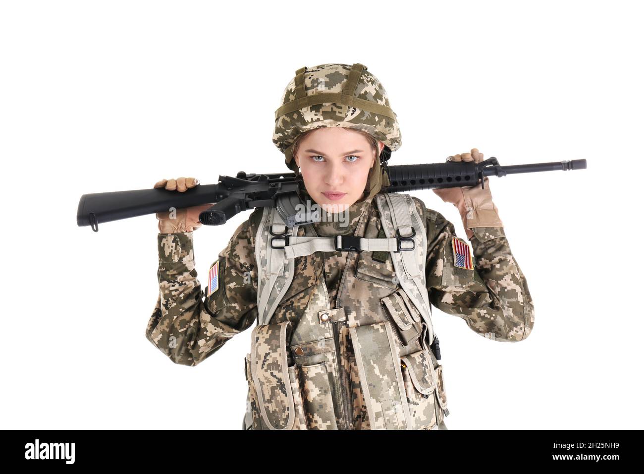 Female soldier with machine gun on white background. Military service ...