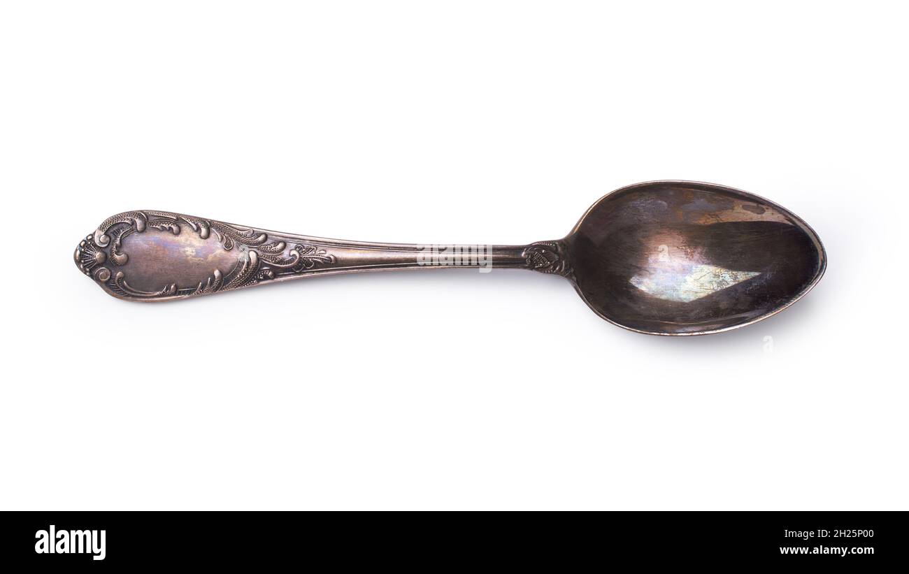 Top view of vintage silver spoon or silverware isolated on white ...