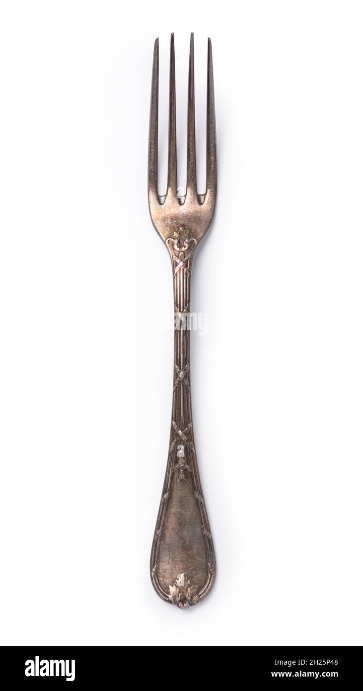 Top view of vintage silver dessert fork or silverware isolated on white ...