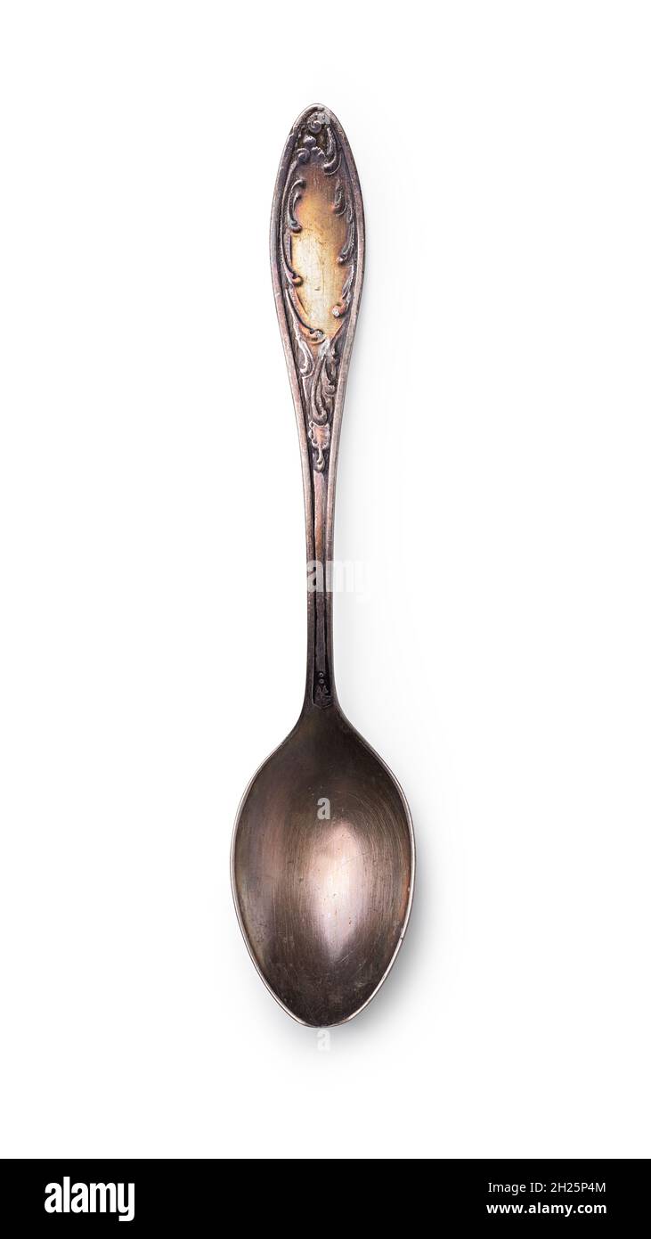 Top view of vintage silver spoon or silverware isolated on white ...