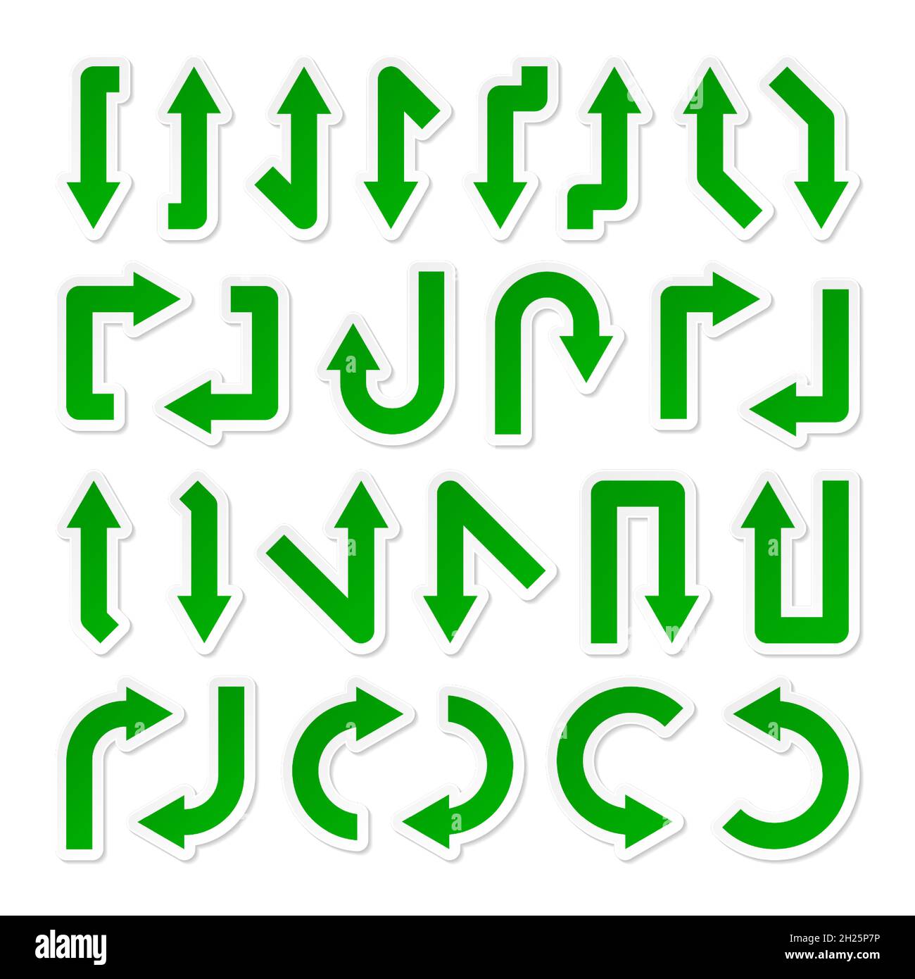 Colorful arrow stickers set. Green pointers collection. Simple arrows in different shapes ...