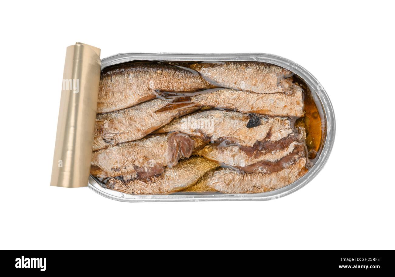 Tin can with conserved fish on white background, top view Stock Photo ...