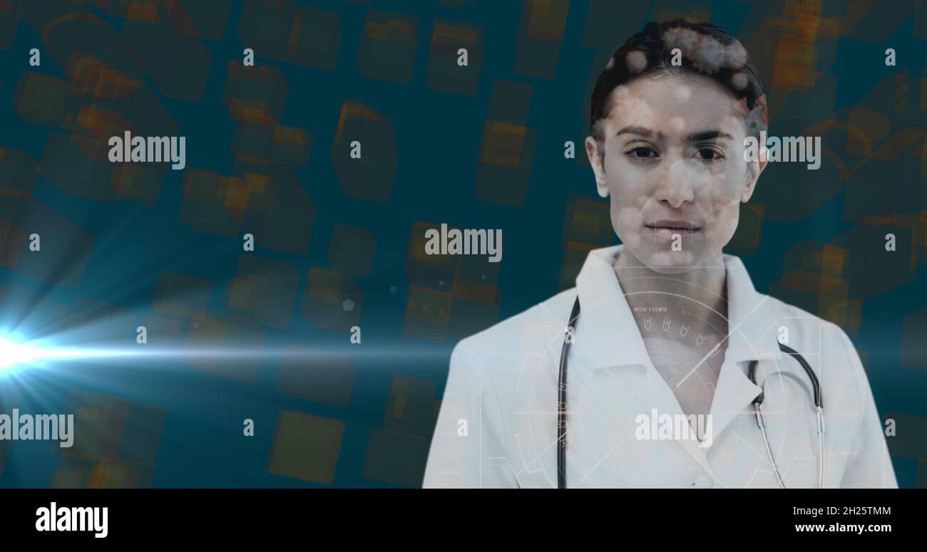 Female doctor and spot of light against cityscape Stock Photo - Alamy