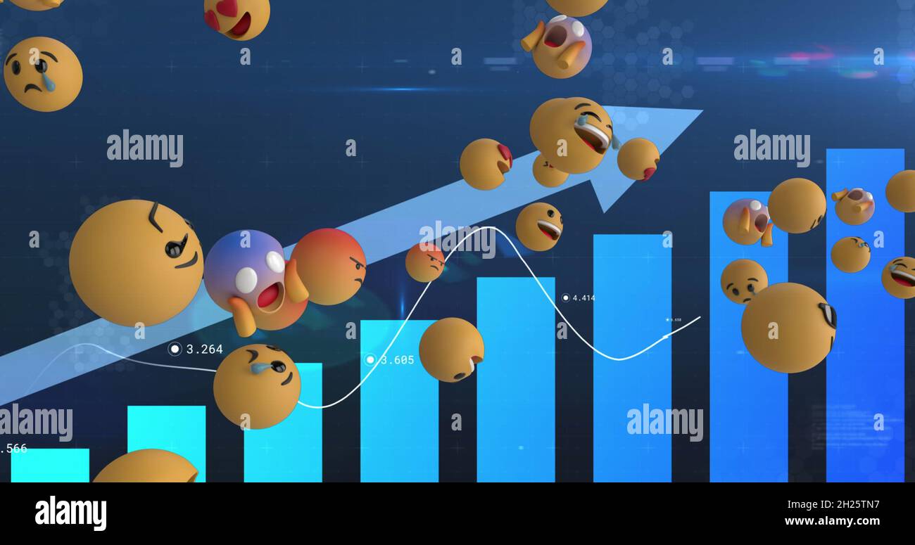 Image of emoji icons floating over line with financial data processing ...
