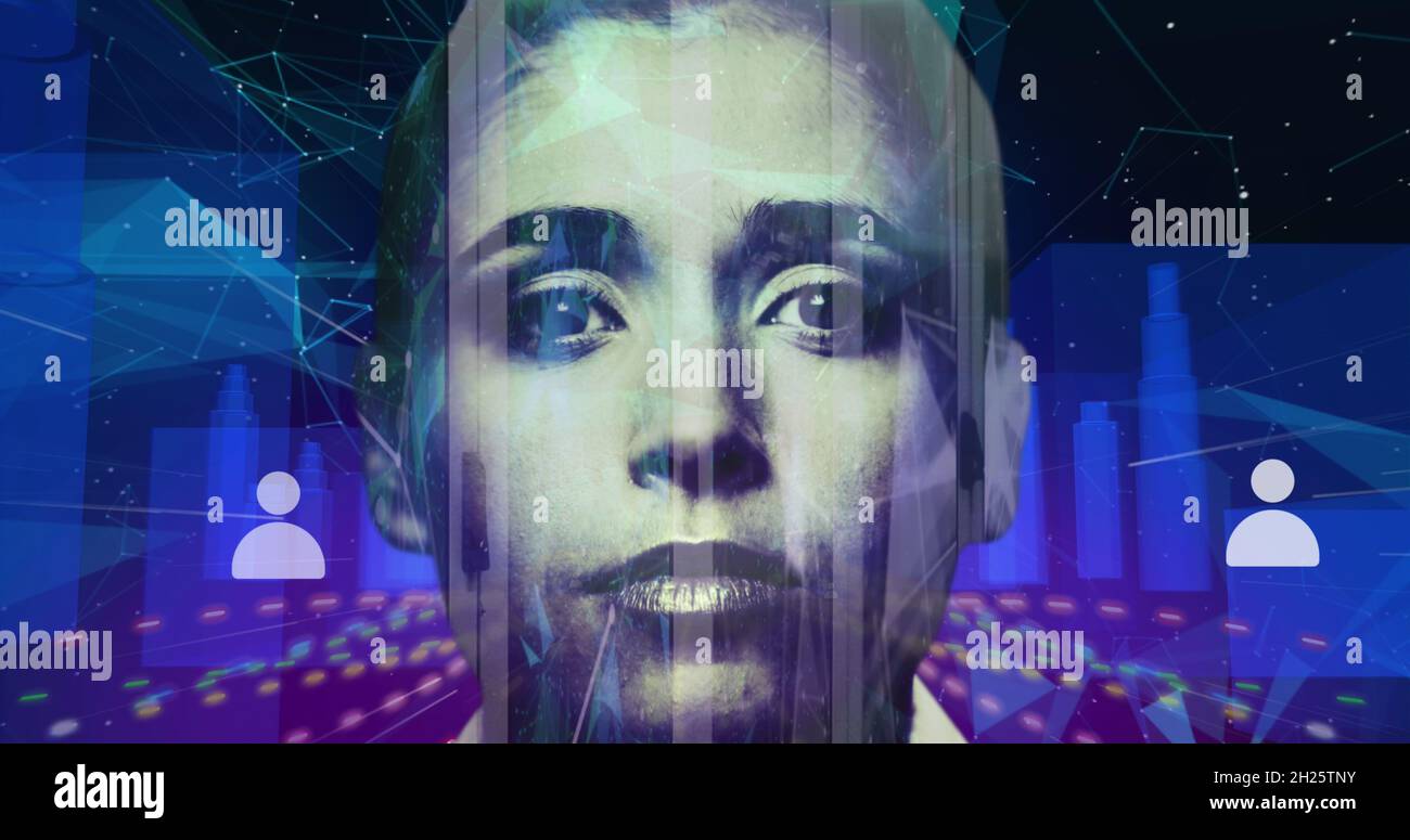 Woman over multiple profile icons moving against 3D city model Stock ...