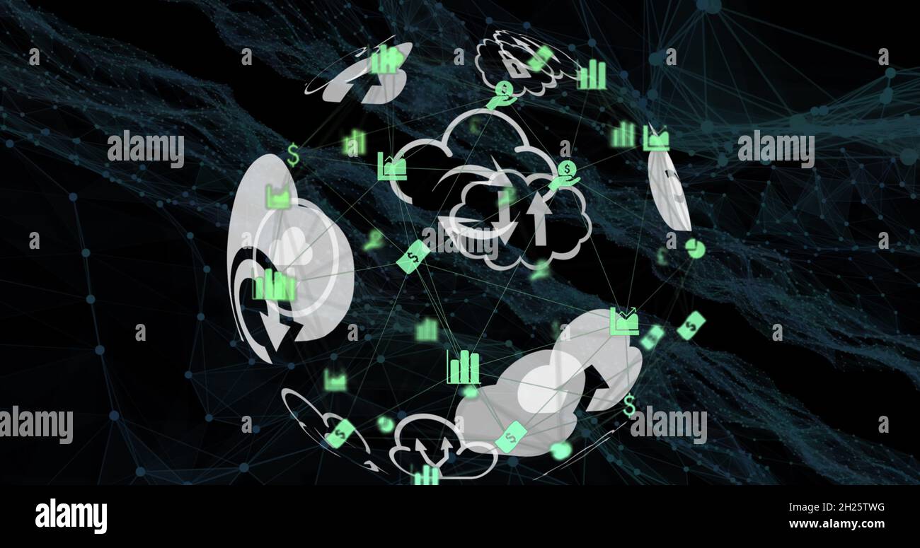 Globe of digital icons against digital waves Stock Photo - Alamy