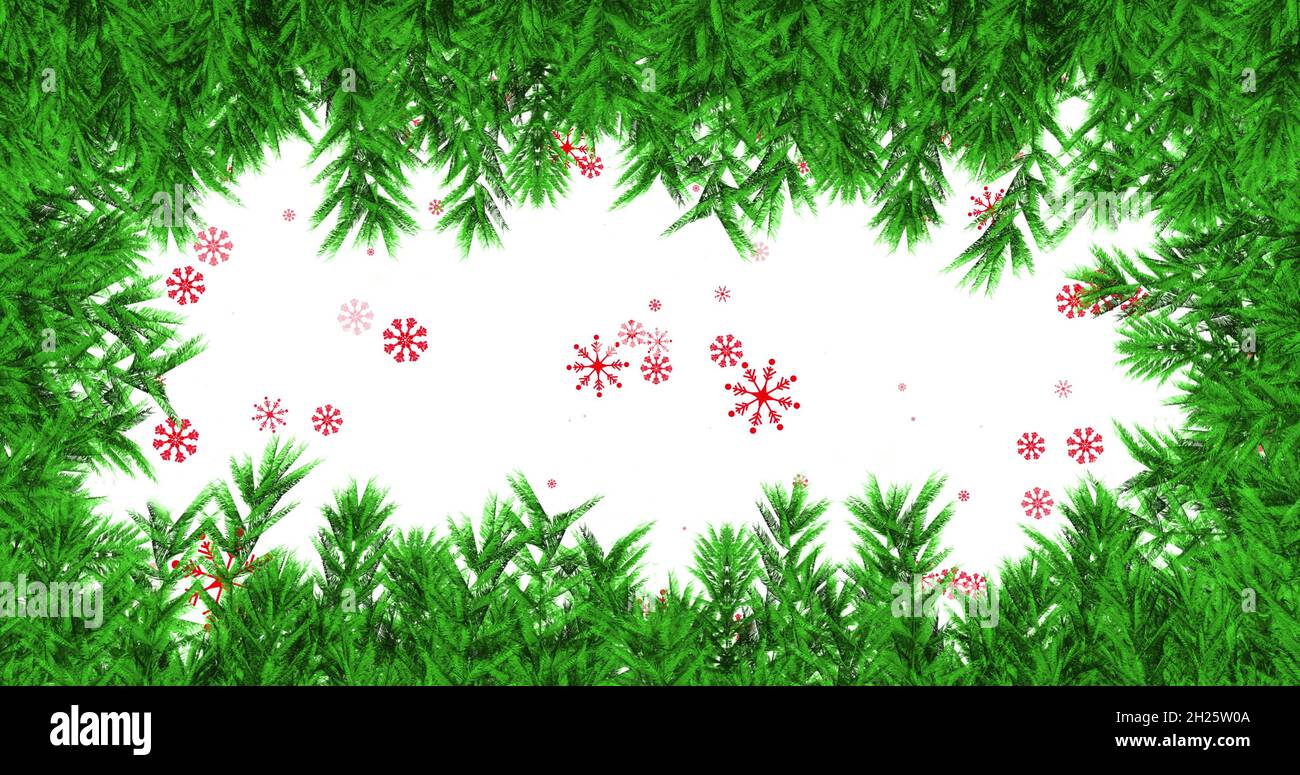Green tree branches over multiple red snowflakes icons falling against ...