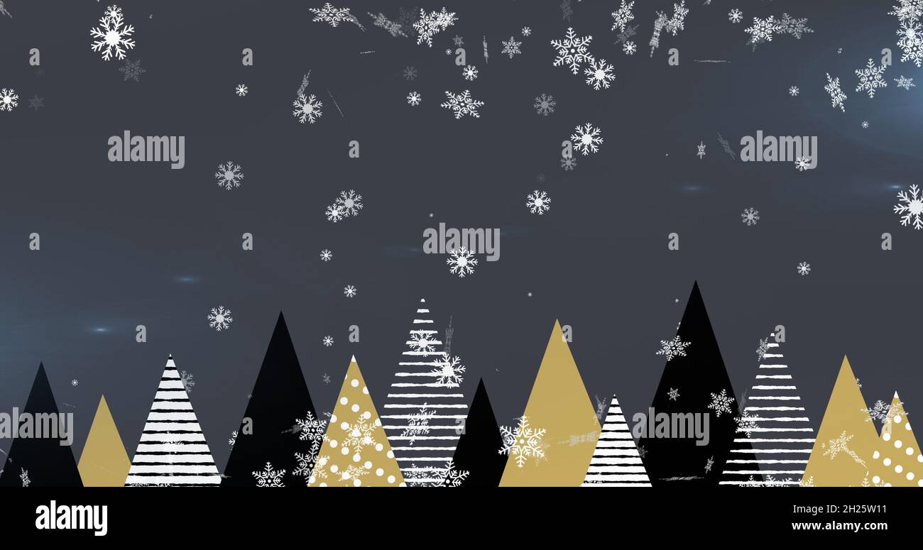 Image of snow falling over trees on black background Stock Photo - Alamy